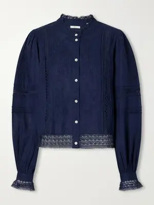 SKALL STUDIO Velina Gathered Floral-embroidered Lace-trimmed Linen-twill Blouse - Blue