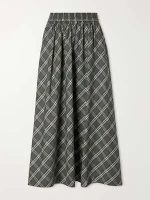 SKALL STUDIO Dagny Gathered Checked Organic Cotton-poplin Midi Skirt