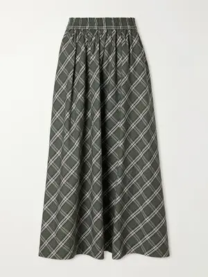 SKALL STUDIO Dagny Gathered Checked Organic Cotton-poplin Midi Skirt - Green