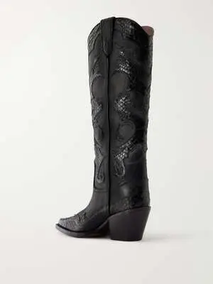 Paris Texas Tucson 60 Embroidered Snake-effect Trimmed Leather Knee Boots