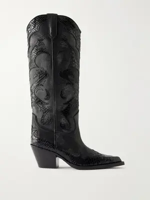 Paris Texas Tucson 60 Embroidered Snake-effect Trimmed Leather Knee Boots - Black