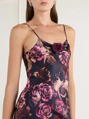 RODARTE Rose-appliquéd Floral-print Silk-satin Gown