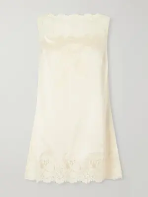 DÔEN Vida Gathered Lace-trimmed Silk-satin Mini Dress - Neutrals