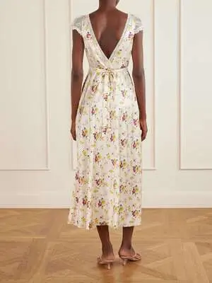 DÔEN Corelia Floral-print Belted Lace-trimmed Midi Dress - Ivory