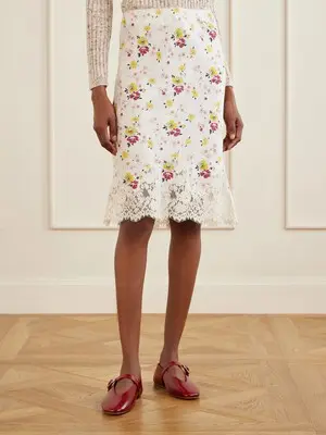 DÔEN Elowette Floral-print Lace-trimmed Silk-satin Knee-length Skirt - White