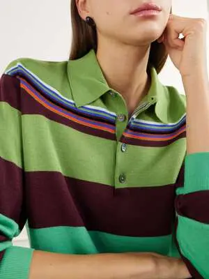 Christopher John Rogers Striped Wool And Silk Blend Polo Shirt