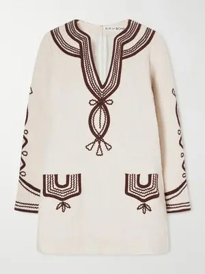 Alix Of Bohemia Rosie Embroidered Cotton-bouclé Mini Dress - Neutrals