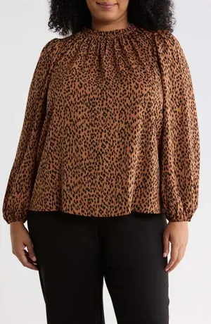 SUGARLIPS Ruffle Neck Long Sleeve Top - Leopard