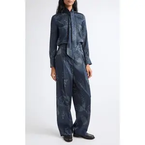 Emporio Armani Floral Crepon Pleated Tapered Pants - Solid Blue Navy