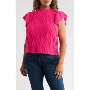 SUGARLIPS Flutter Sleeve Cable Knit Sweater - Fuchsia