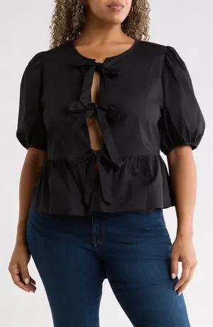 SUGARLIPS Tie Front Puff Sleeve Peplum Top Black