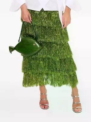 SIMONMILLER Liv Metallic Fringed Midi Skirt - Green