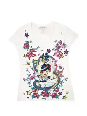 Dior 2004 Rhinestone-embellished Graphic-print T-shirt - White