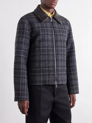Bottega Veneta Intrecciato Leather-trimmed Checked Brushed Wool-blend Blouson Jacket