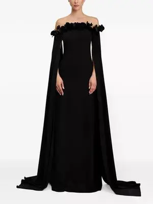 CRISTALLINI Floral-appliqué Cape-sleeve A-line Maxi Dress