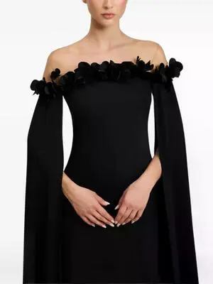 CRISTALLINI Floral-appliqué Cape-sleeve A-line Maxi Dress