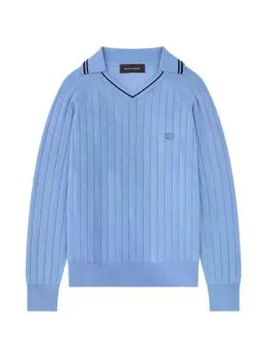 WALES BONNER Ribbed-knit Long-sleeve Polo Shirt - Blue