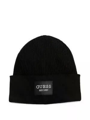 Guess Logo-patch Ribbed-knit Beanie Hat - Black