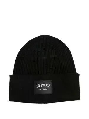 Guess Logo-patch Ribbed-knit Beanie Hat - Black
