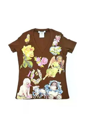 Dior 2005 Romantic Print V-neck T-shirt - Brown