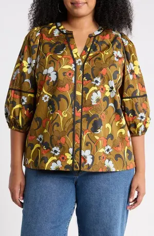 SUGARLIPS Floral Print Split Neck Cotton Top