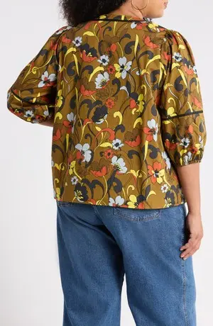 SUGARLIPS Floral Print Split Neck Cotton Top