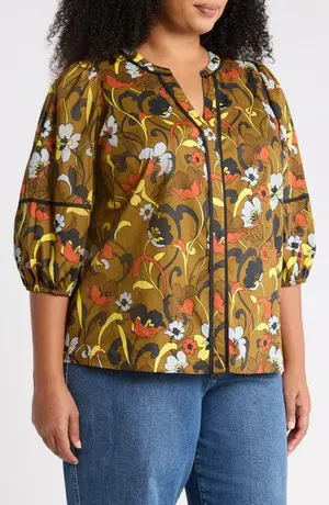 SUGARLIPS Floral Print Split Neck Cotton Top