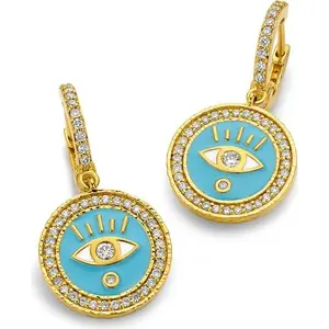 BUDDHA MAMA Enameled Evil Eye Huggie Earrings With Diamonds - Sky Blue
