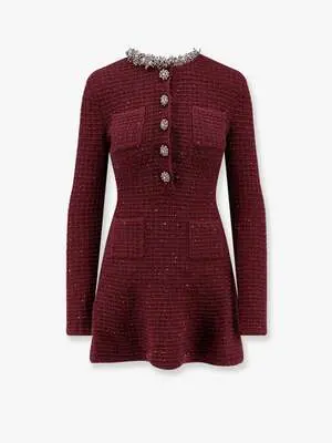 SELF-PORTRAIT Knitted Bordeaux Dress With Jewel Details - Red