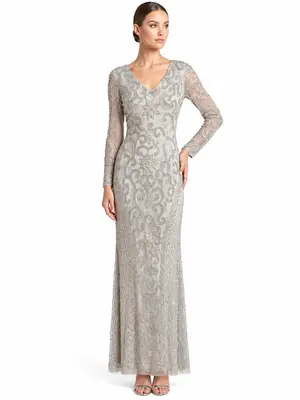 LARA NEW YORK Long Sleeve V-neck Beaded Evening Gown