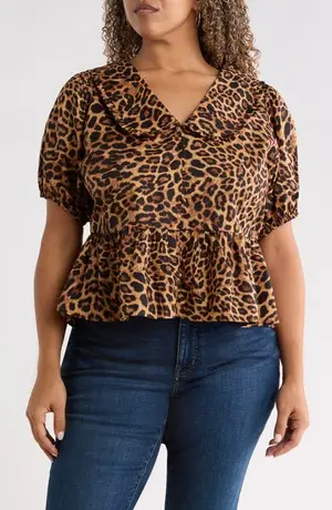 SUGARLIPS Ruffle Chelsea Collar Peplum Top - Leopard