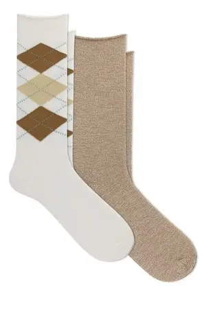 K BELL SOCKS Supersoft Argyle 2-pack Crew Socks Ivory