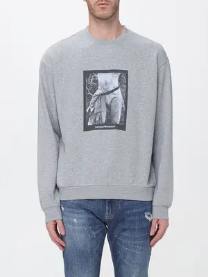Emporio Armani Relaxed Fit Cotton Crewneck Jumper With Graphic Print - Grey