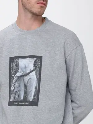 Emporio Armani Relaxed Fit Cotton Crewneck Jumper With Graphic Print - Grey