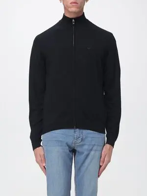 Emporio Armani Virgin Wool Zip-up Cardigan With Mock Neck And Ribbed Trims - Black