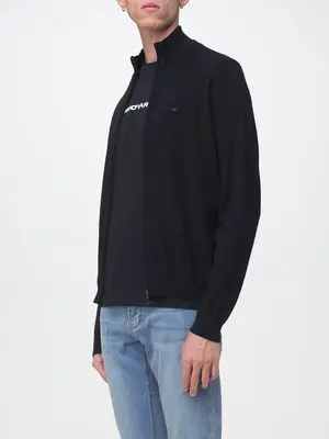 Emporio Armani Virgin Wool Zip-up Cardigan With Mock Neck And Ribbed Trims - Black