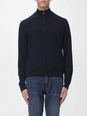 Emporio Armani Virgin Wool Zip-up Cardigan With Mock Neck And Ribbed Trims - Blue