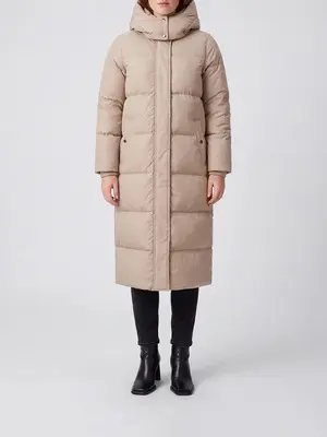 Woolrich Long Quilted Nylon Down Jacket With Removable Hood - Beige