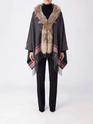 BAZAR DELUXE Jacquard Wool Cape With Fur Collar And Fringed Hem - Grey