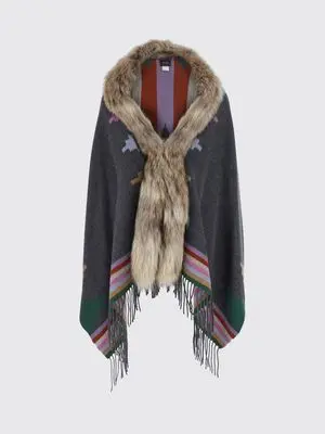 BAZAR DELUXE Jacquard Wool Cape With Fur Collar And Fringed Hem - Grey