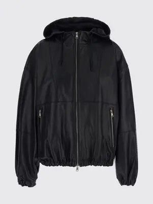 TELA Short Lambskin Leather Jacket With Hood And Drawstring - Black