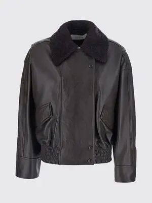 IVY OAK Double-breasted Nappa Bomber Jacket With Fur Collar