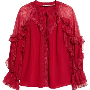 Alice + Olivia Aleena Lace & Ruffle Top - Garnet