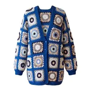 ANA CHIC Royal Granny Square Handmade Crochet Cardigan - Blue
