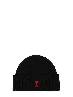 AMI Paris Wool Ribbed Knit Beanie With Signature Monogram Motif - Black
