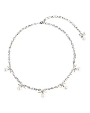 SELF-PORTRAIT Crystal Bow Imitation Pearl Charm Necklace, 16 - Silver