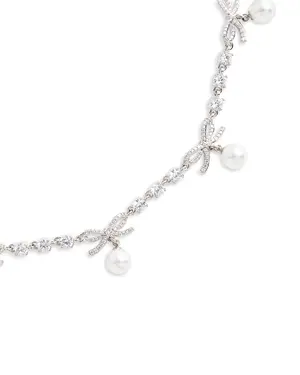SELF-PORTRAIT Crystal Bow Imitation Pearl Charm Necklace, 16