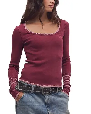 Free People Aspen Thermal Cotton Embroidered Top - Cabernet