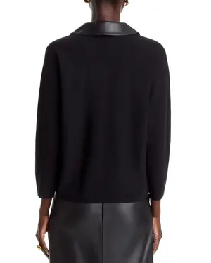 SIONI Faux Leather Collar V Neck Sweater - Black