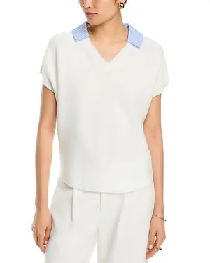 SIONI Short Sleeve Polo Collar Sweater - Eggshell Stripe